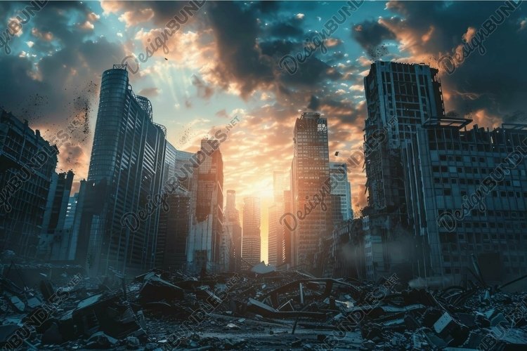 Dramatic view of a destroyed urban skyline against a fiery s