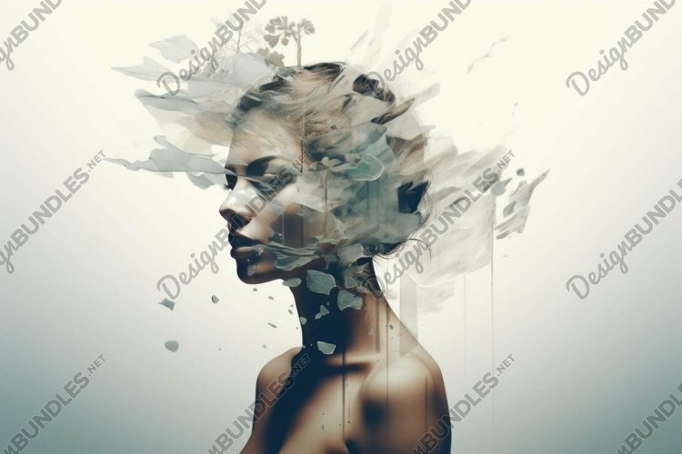Abstract mind concept - woman with dispersing face