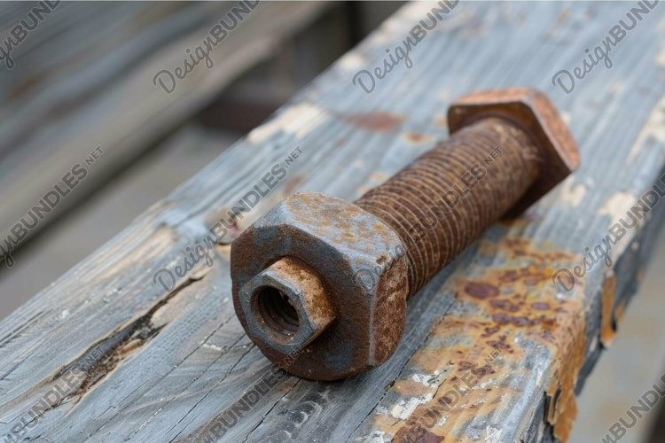 Rusty bolt and nut lying on weathered wooden plank
