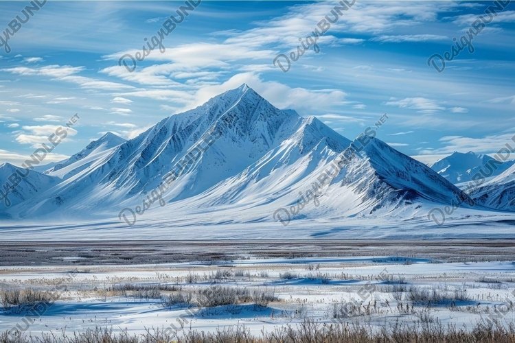 Snowy mountains rising above a frozen landscape on a sunny d