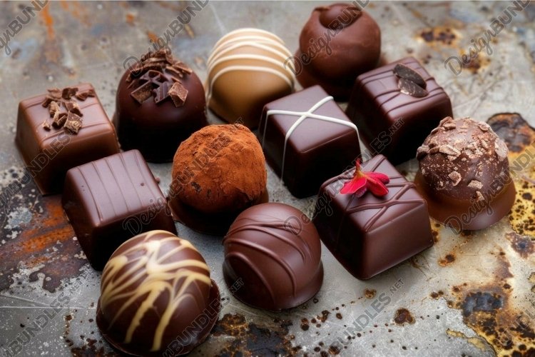 Assorted gourmet chocolates on rustic backdrop