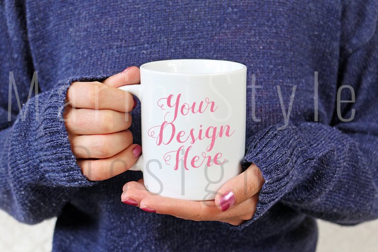 Mug mockup with woman, Woman holding mug Stock (205160)