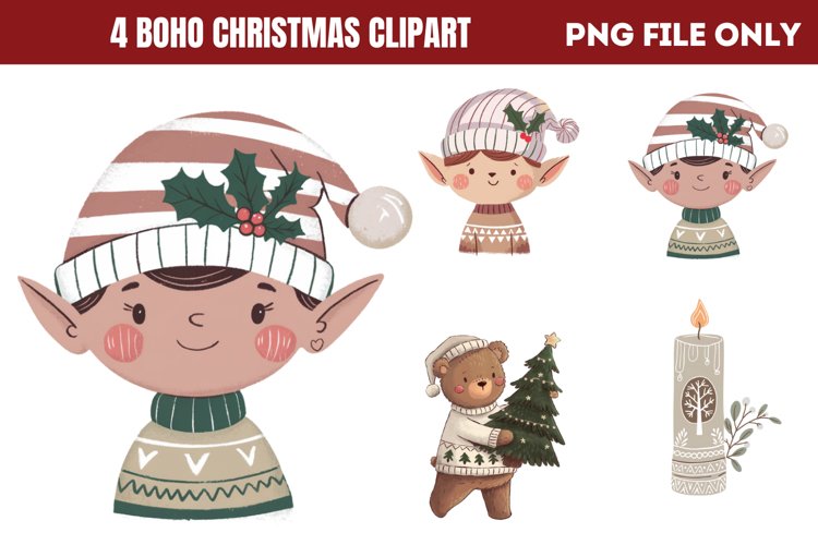 Cute Boho Christmas Watercolor Clipart PNG (4975904)
