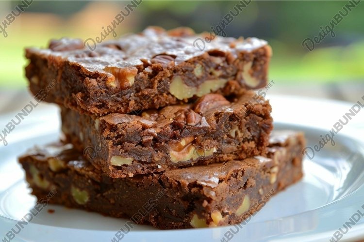 Stack of delicious brownies filled with walnuts is sitting o