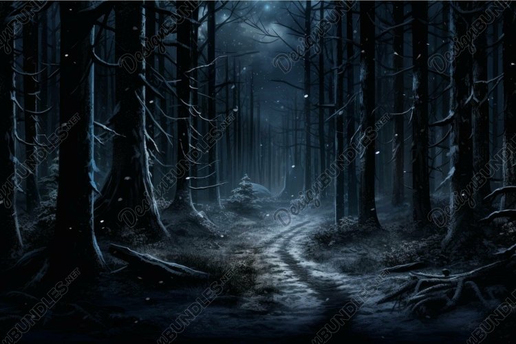 Mystical scene of a moonlit pathway winding through an eerie