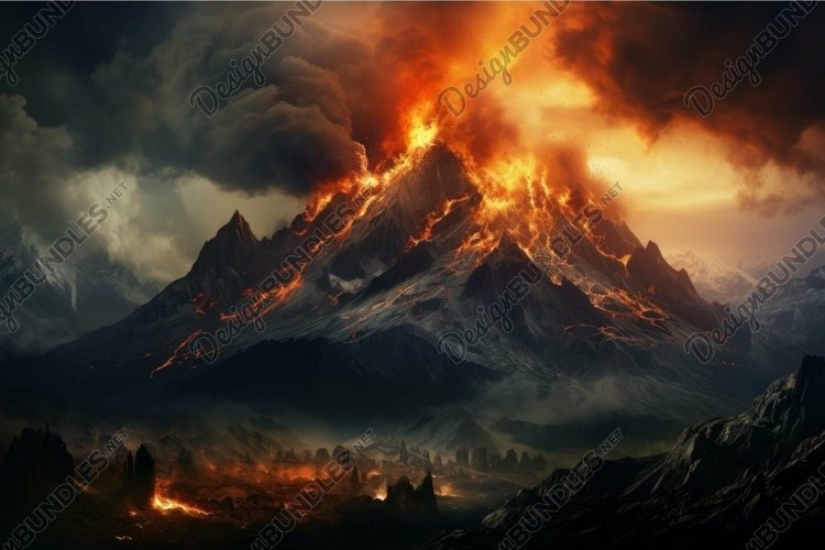 Fiery volcano eruption at night with lava flows