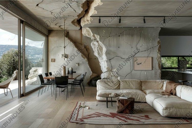 Modern rustic interior with natural rock feature wall