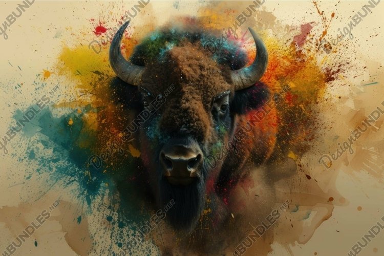 Vivid Colorful bison splashes. Generate Ai