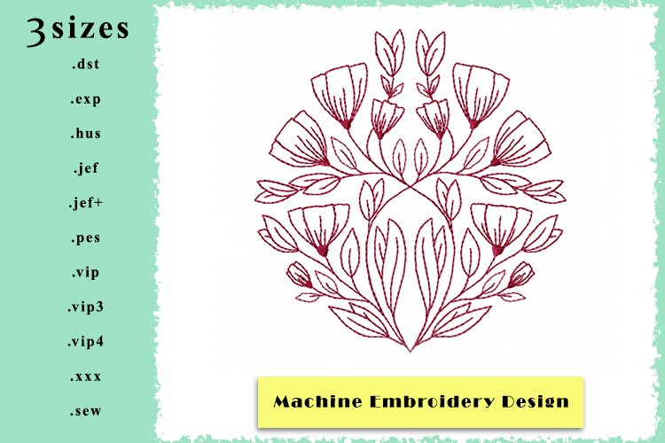 Redwork Floral Wreath Machine Embroidery Design 3 sizes