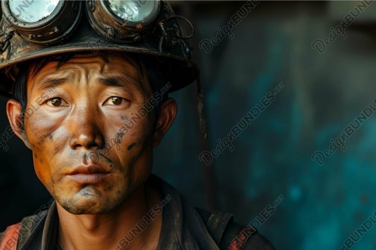 Roughened Asian miner worker dirty face. Generate Ai