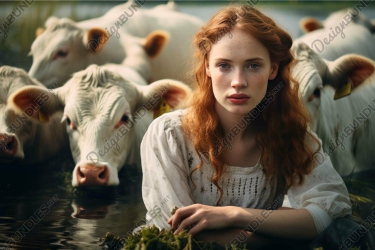 Rural beauty: young woman with herd of cows by the water
