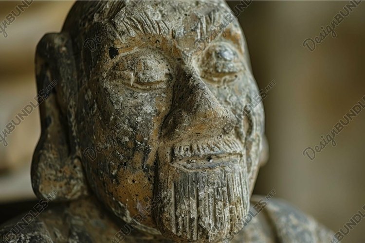 Detailed closeup of an old, carved wooden statue with intric