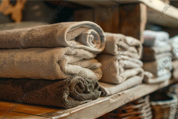 Stack of cozy folded towels on wooden shelf