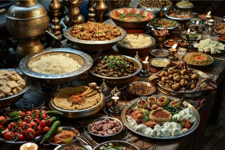 Colorful Arabian dish table. Generate Ai