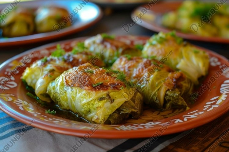 Stuffed cabbage rolls on decorative plate