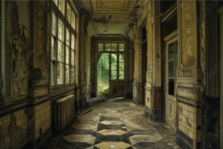 Dilapidated interior of an abandoned mansion, with peeling w
