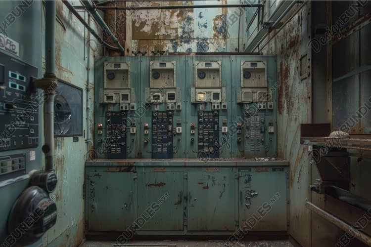 Vintage, decrepit industrial control room with rusty panels
