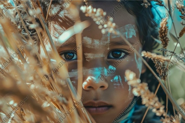 Close-up of a child's face partially hidden by golden wildfl
