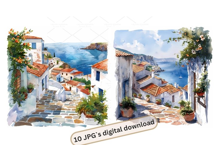 greek village watercolor Clipart Bundle- 10, JPG