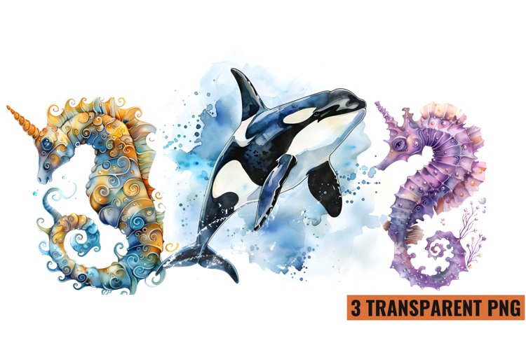 Watercolor Sea Animals Clipart , PNG