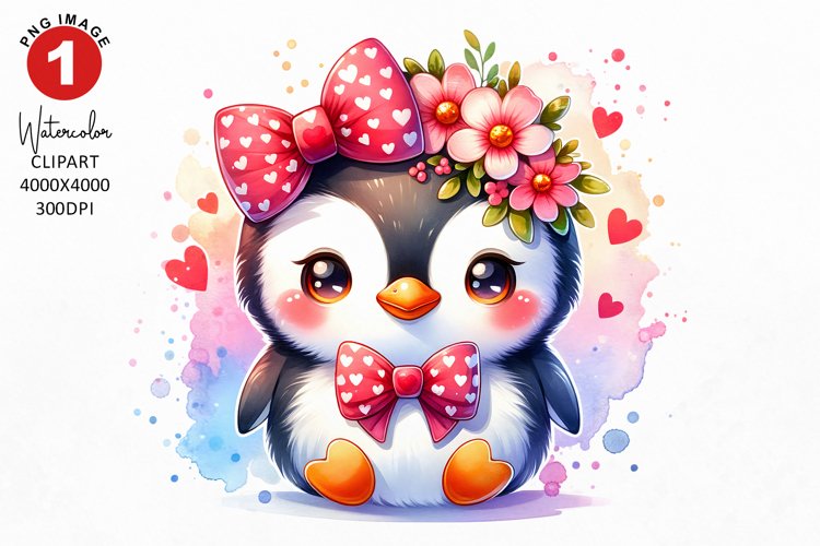 Penguin Valentine Clipart | Watercolor Clipart | (3230942)