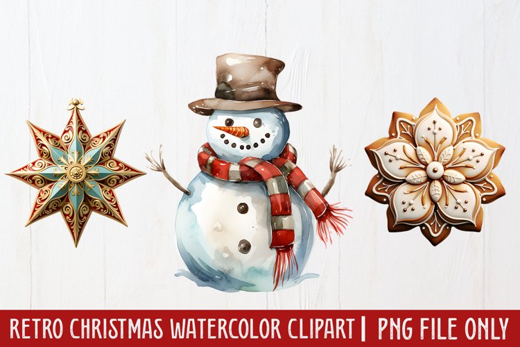 Retro Christmas Watercolor Clipart, Vintage (4388999)