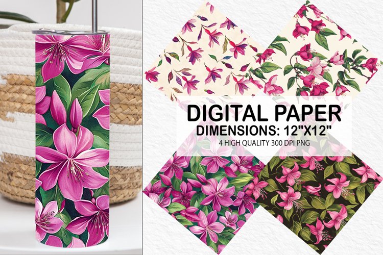 Fuchsia Flowers Pattern Digital Paper - Flowers Background