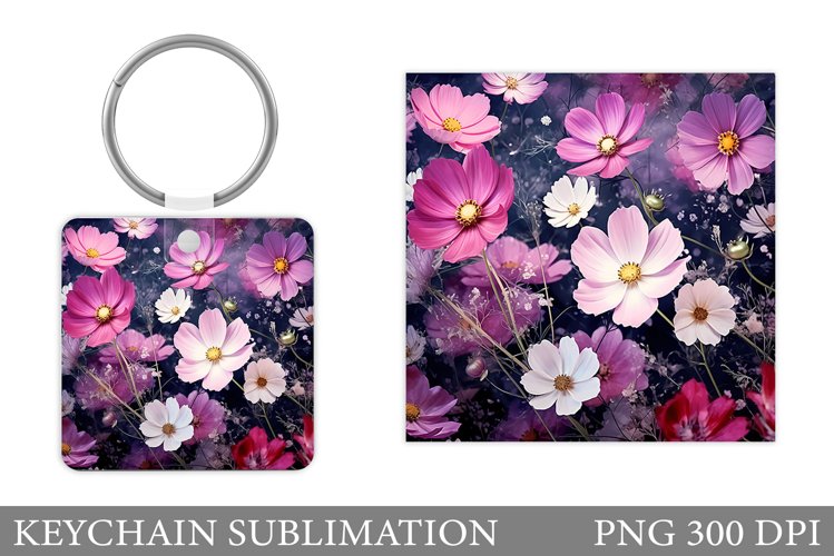 Square Keychain Flowers. Floral Keychain Sublimation