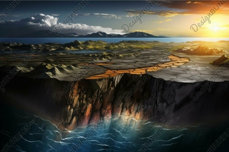 Surreal landscape divide with sunlit vistas and abyss