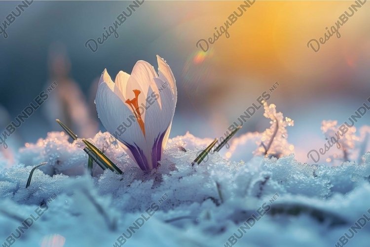 Singular crocus in snow at sunrise