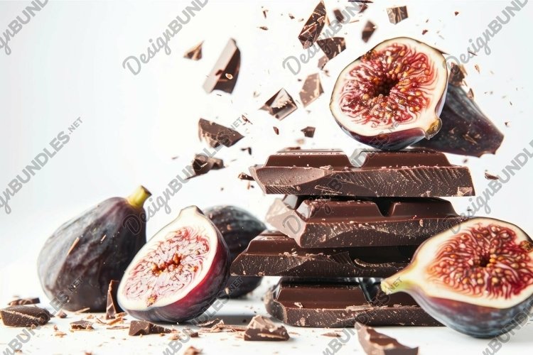 Delicious dark chocolate pieces falling on stack of chocolat