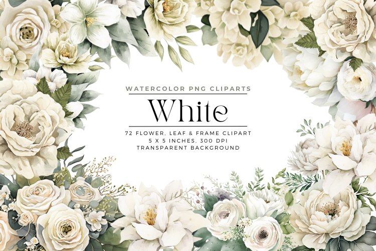 72 White Watercolor Flowers Clipart