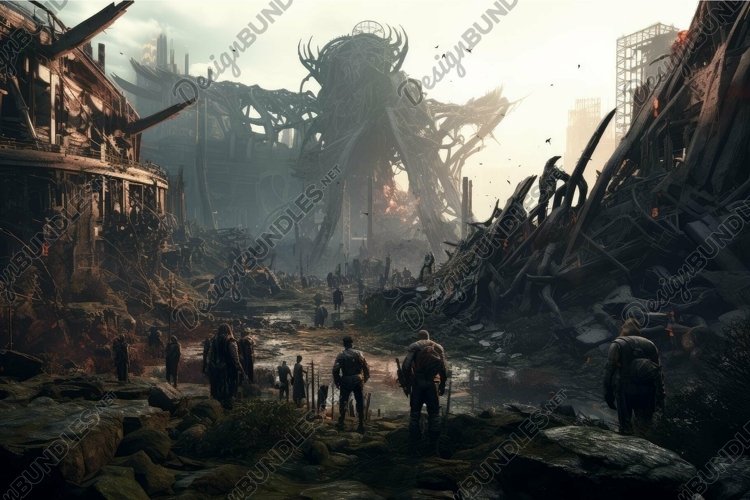 Group of survivors walk through the ruins of a desolate city