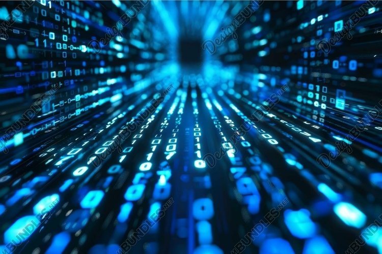 Highspeed journey through a tunnel of glowing blue binary co