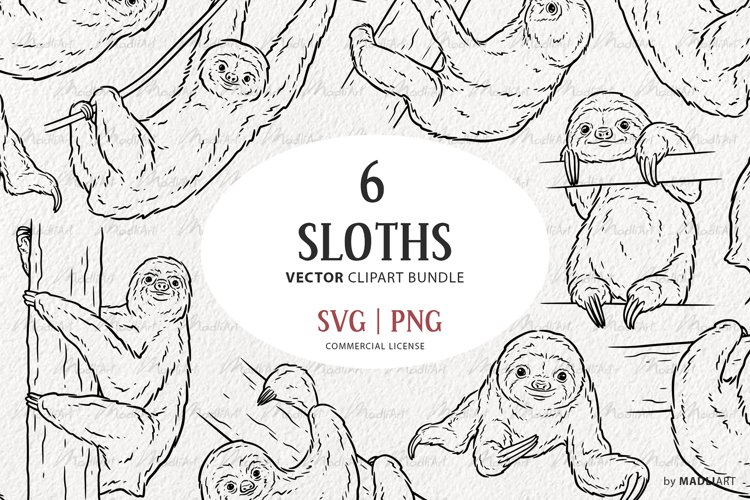 6 Sloth SVG Clipart. Cute Lazy Baby Sloths Vector Art