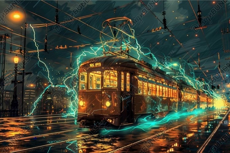Electric storm tram ride at night
