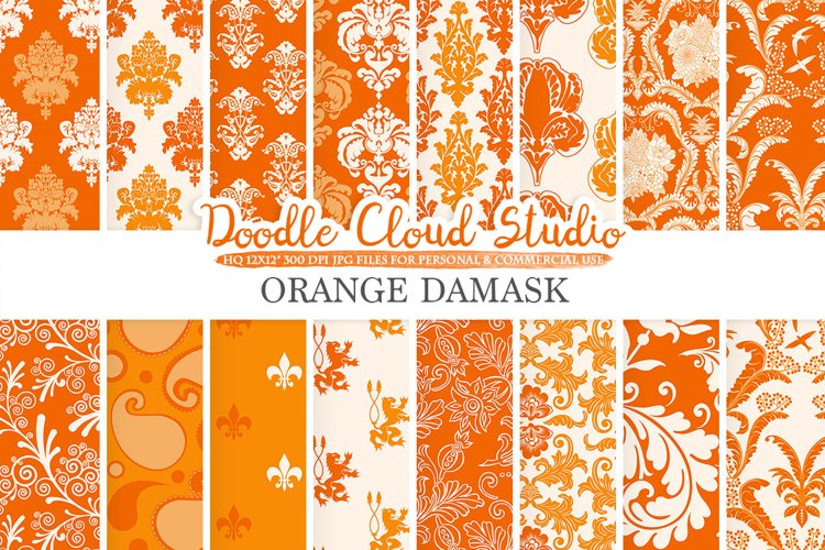 Orange Damask digital paper, Swirls patterns, Digital Floral