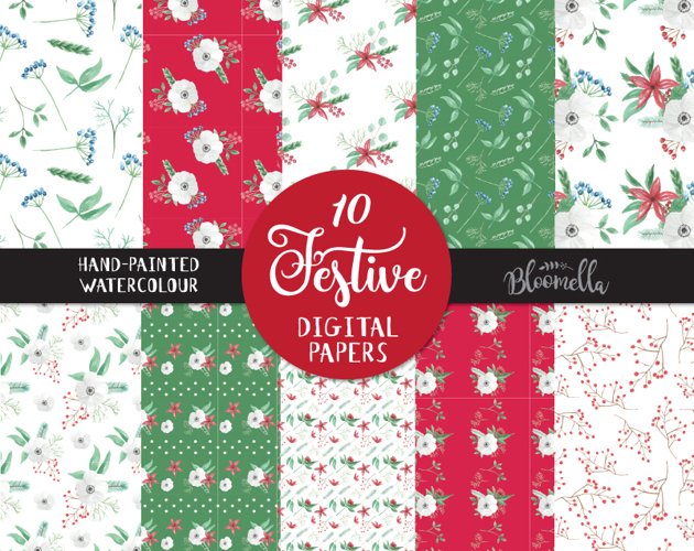 Floral Christmas Watercolor Patterns Seamless Xmas Digital