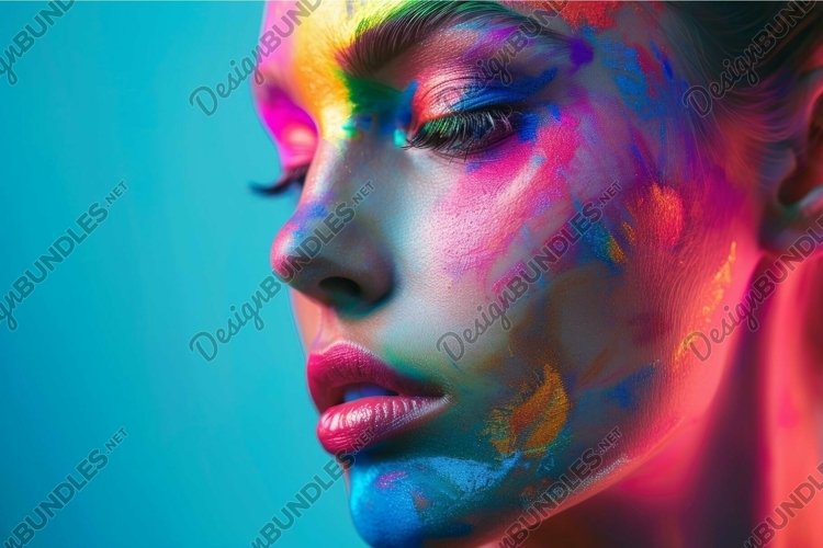 Colorful holi powder on woman's face in neon light