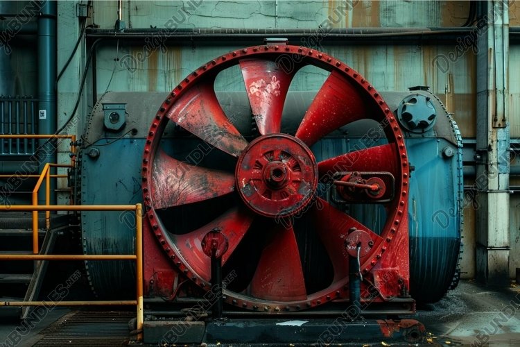 Large rusty red industrial fan cooling system in an abandone