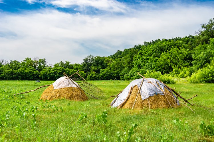 Photography on theme big dry haystack in grass farm field