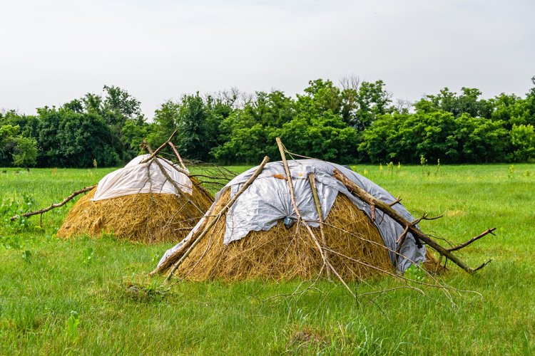 Photography on theme big dry haystack in grass farm field