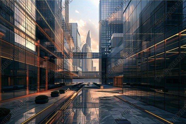 Modern business district with glass skyscrapers reflecting s