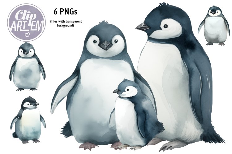 Realistic Penguins Mommy Daddy Baby 6 Watercolor Images Set