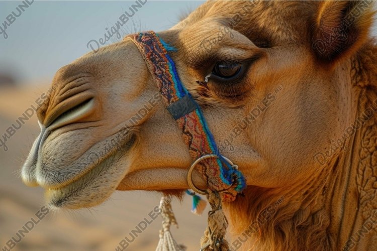 Detailed camel portrait with traditional bridle