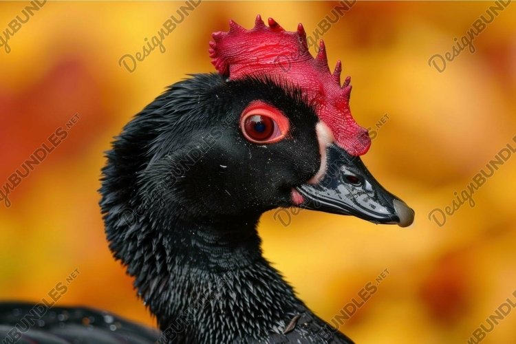 Muscovy duck showing its red caruncles on a blurred yellow b