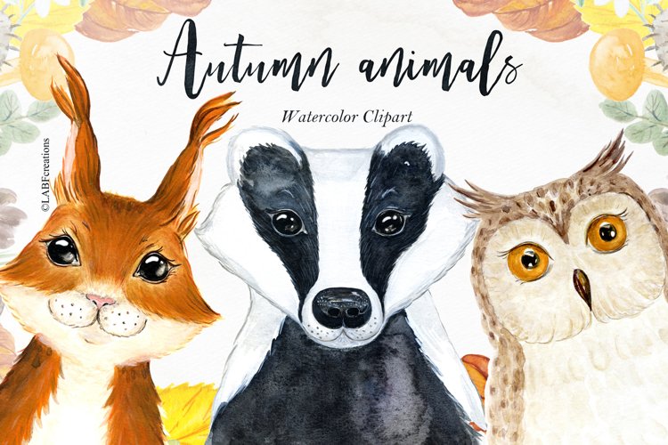 Autumn animals. Watercolor clipart.