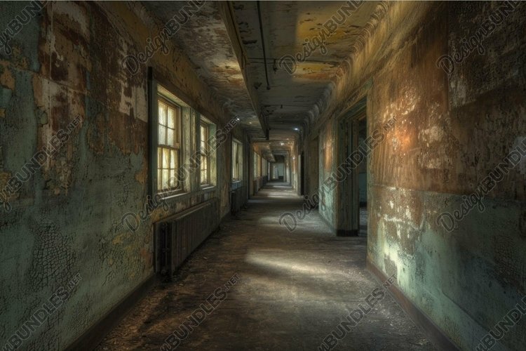 Abandoned asylum hallway at dusk