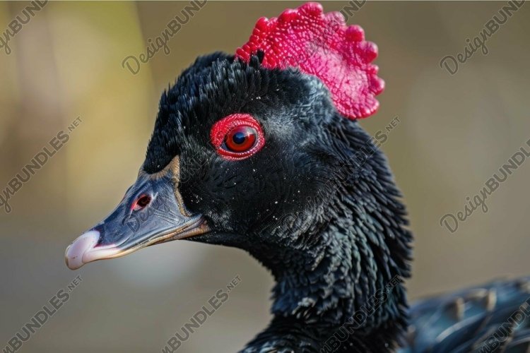 Black muscovy duck with red caruncles looking to the side