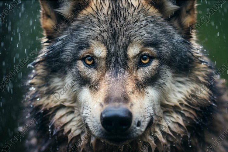 Intense gaze of a wet wolf in rain (4349471)
